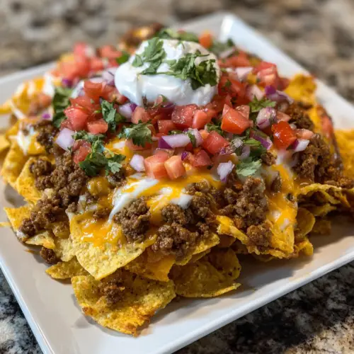 Loaded Nachos Plate with Seasoned Beef & Fresh Toppings